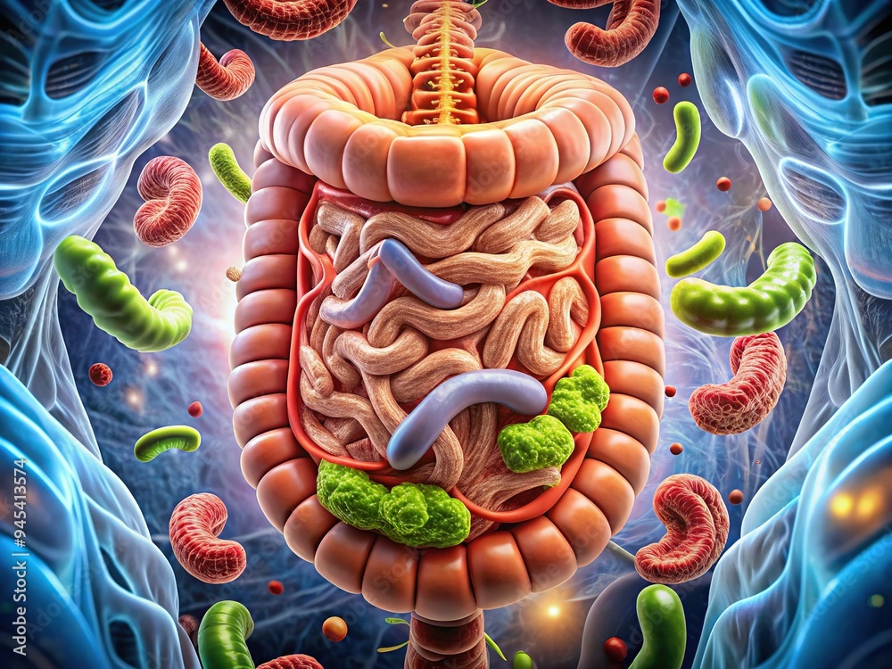 Microscopic illustration of intestinal lining with broken tight ...