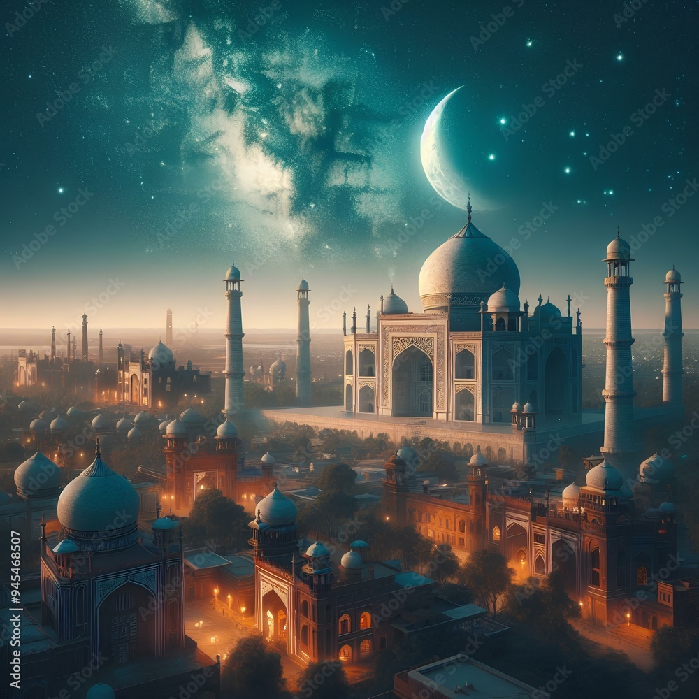 Panorama view of India with Taj Mahal at starry night. Night ancient ...