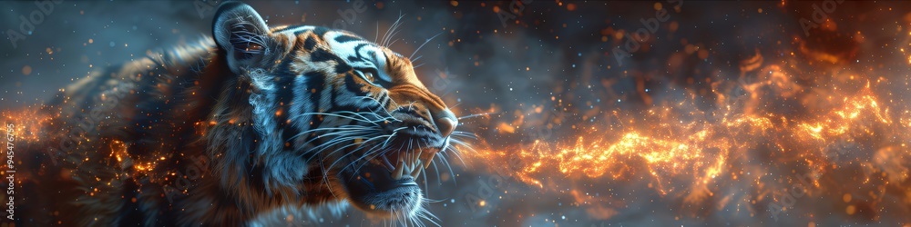 Panoramic banner with fierce powerful tiger roaring with a background ...