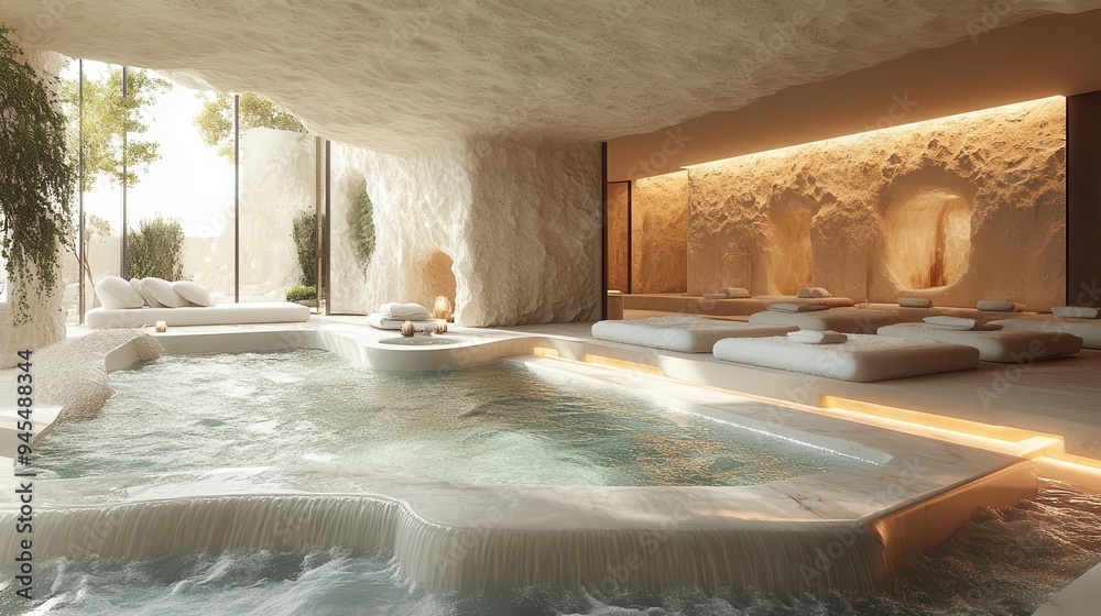 luxurious spa interior with textured marble walls creating an optical ...