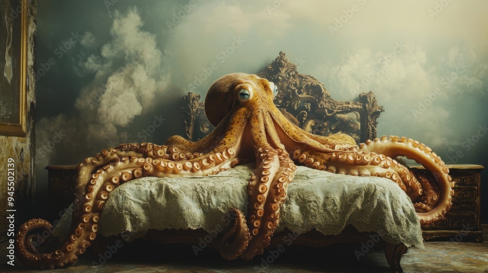 Octopus on a bed in a surreal scene, where fantasy meets reality in an ...