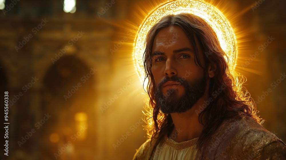 Glowing Image of Jesus Christ with Radiant Halo in Sacred Church ...