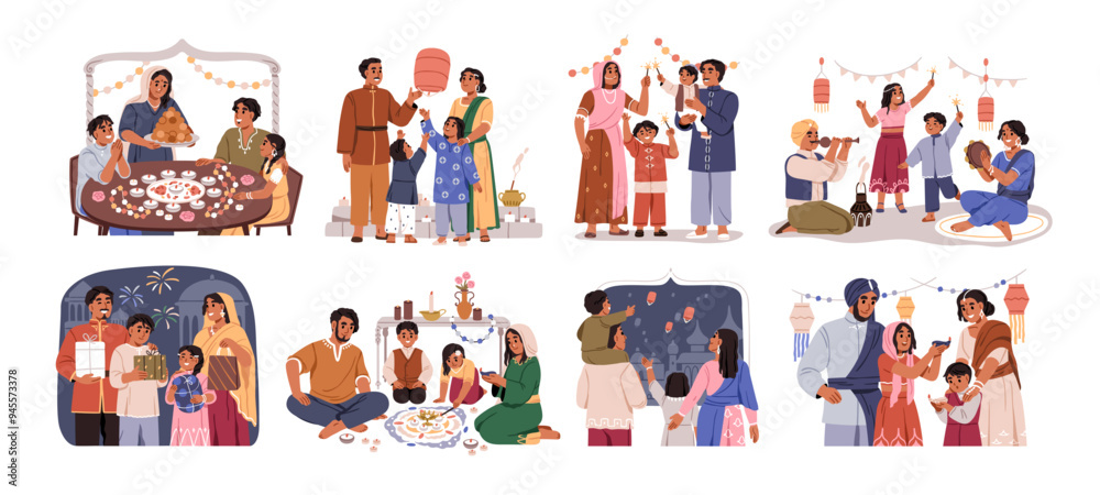 Diwali celebration set. Indian family with festive lights, decorations ...