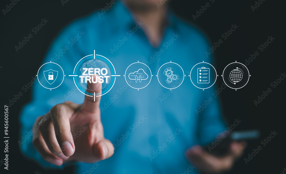 Zero Trust Security Concept. Businessman touch virtual icons zero trust ...