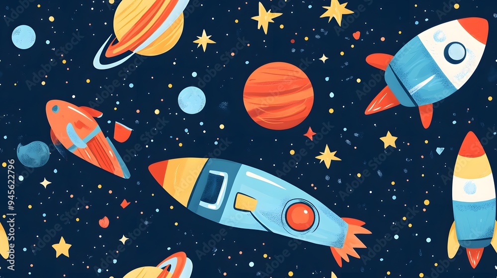 Playful outer space theme with planets, rockets, and astronauts ion ...