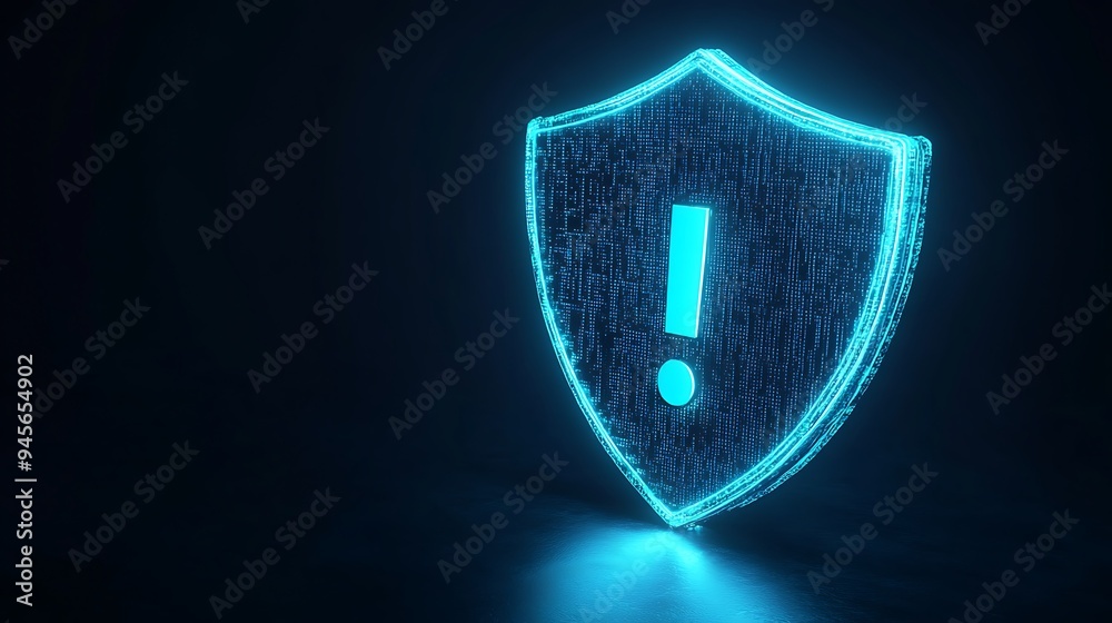 Cybersecurity shield with exclamation mark icon glowing in blue ...