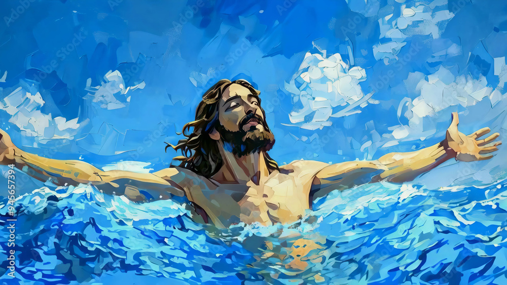 Baptism of Jesus Christ in the Jordan River, depicting a biblical scene ...