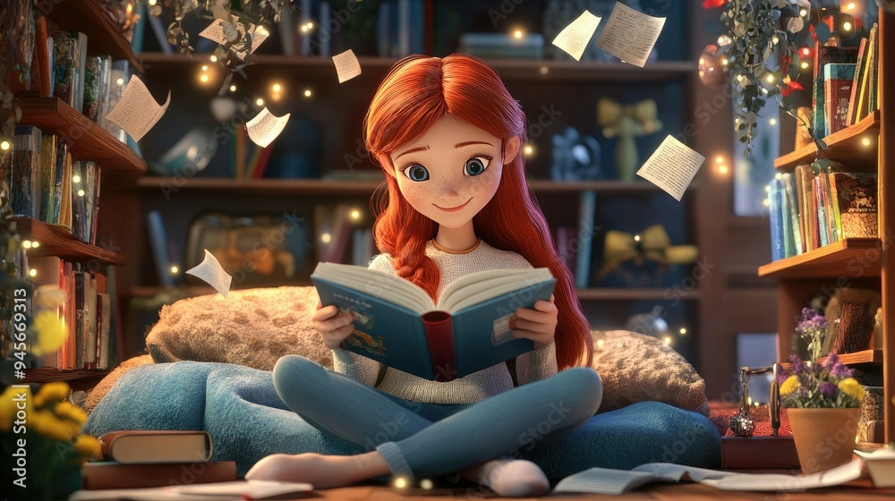 Cartoon-style 3D render of a redhead girl sitting comfortably while ...