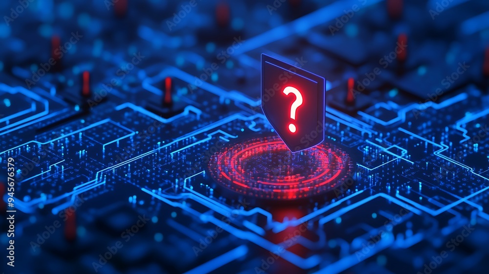 Futuristic digital security concept with red question mark on a glowing ...