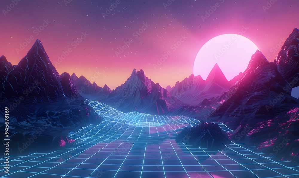 80s retro futuristic sci-fi. Retrowave VJ videogame landscape, neon ...
