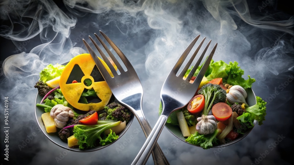 A metal fork and spoon wrapped in a toxic warning symbol, surrounded by ...
