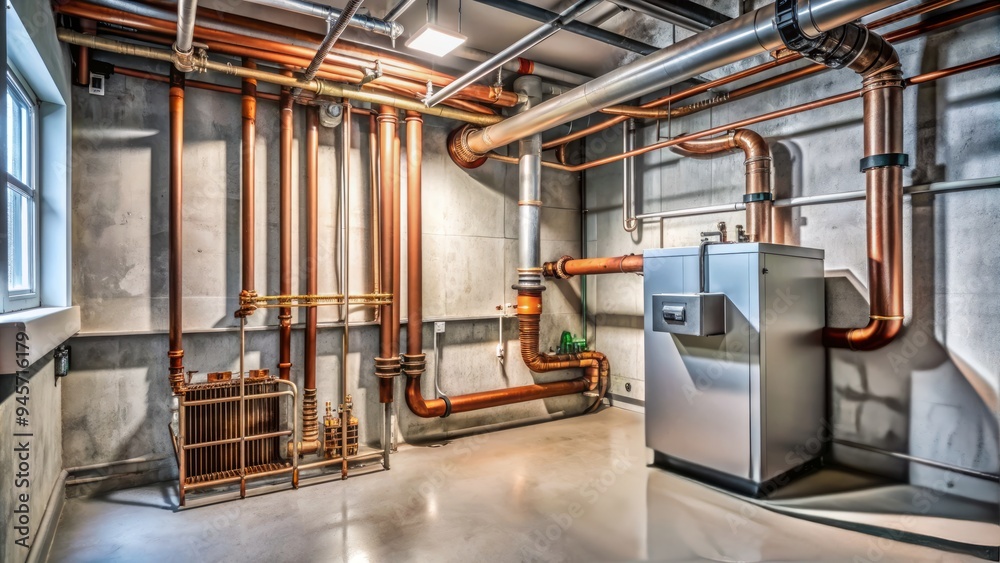 A modern gas furnace sits in a tidy basement, its metal exterior ...
