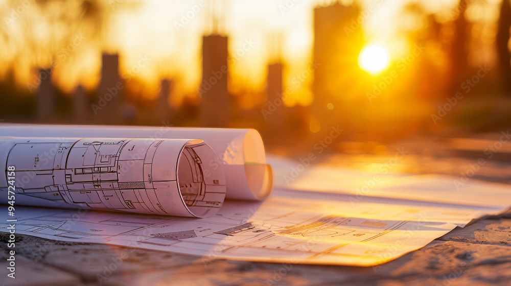 Foto de Stock Architecture blueprints with rolled up papers on ...
