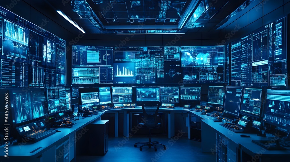 77. A high-tech control room with multiple screens and advanced monitoring systems Stock Photo ...
