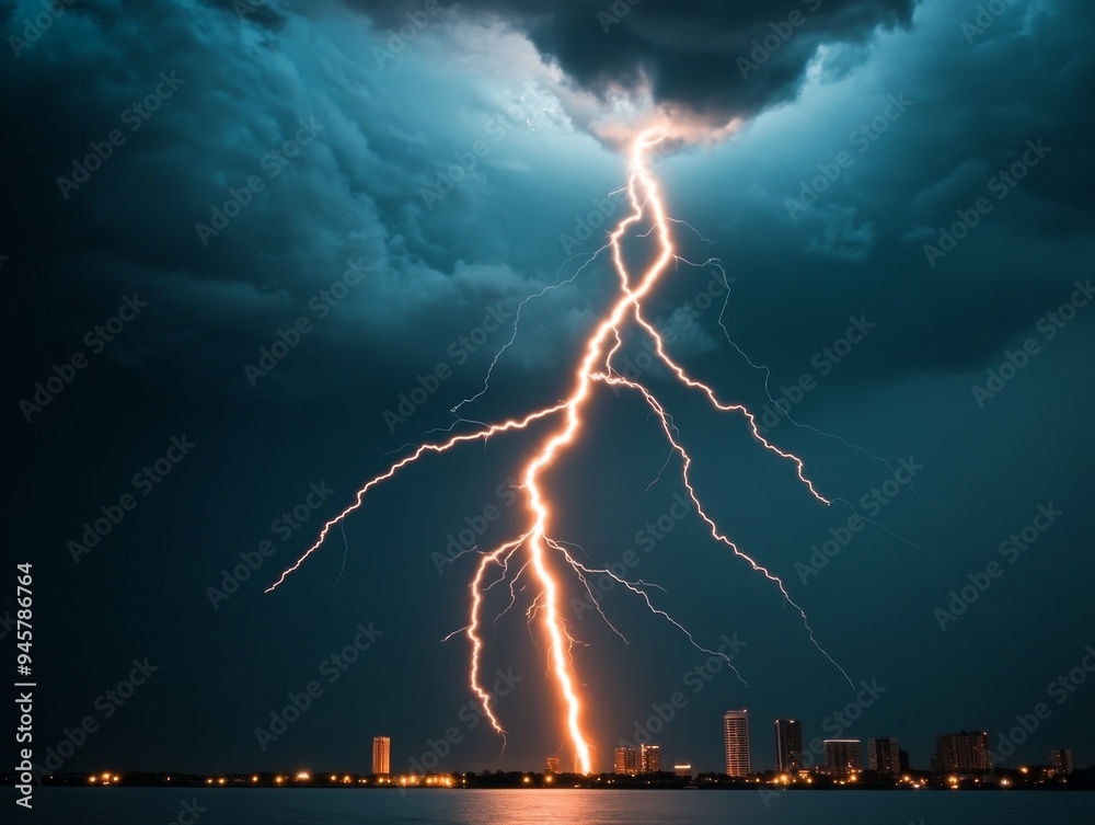 dramatic lightning strike over cityscape at night - powerful nature ...