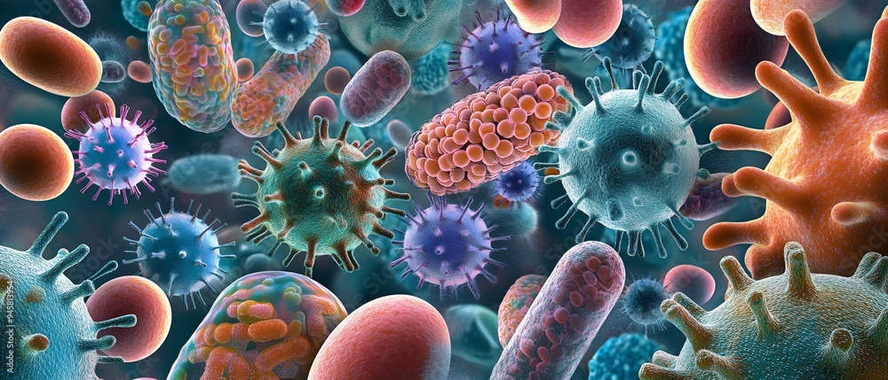 realistic render, pathogenic microbes, multiple types of bacteria and ...