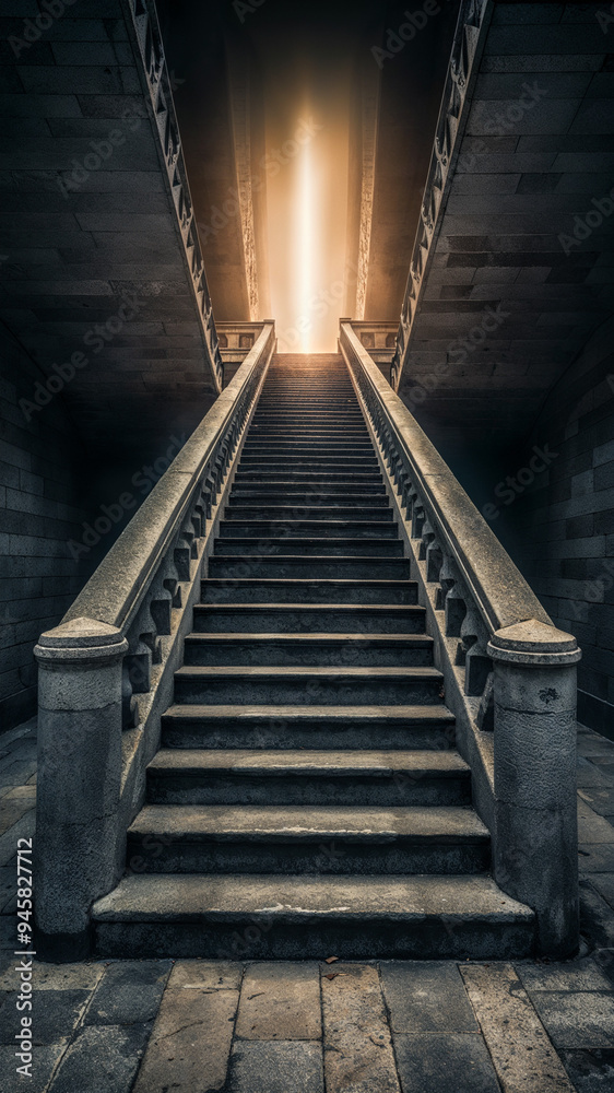 Old mansion stairways with railing leading upstairs. Spooky haunted ...