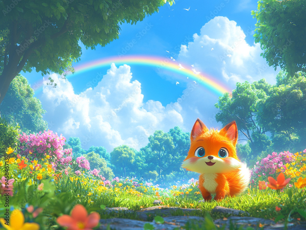 cute fox with rainbow Stock Illustration | Adobe Stock