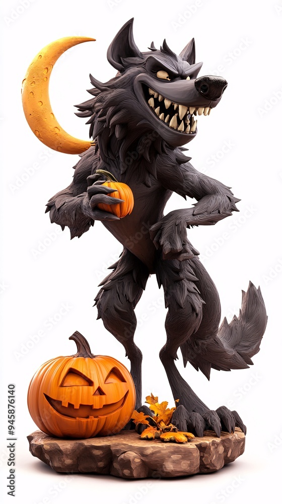 Cartoon werewolf statue howling at the moon with a playful grin and a ...