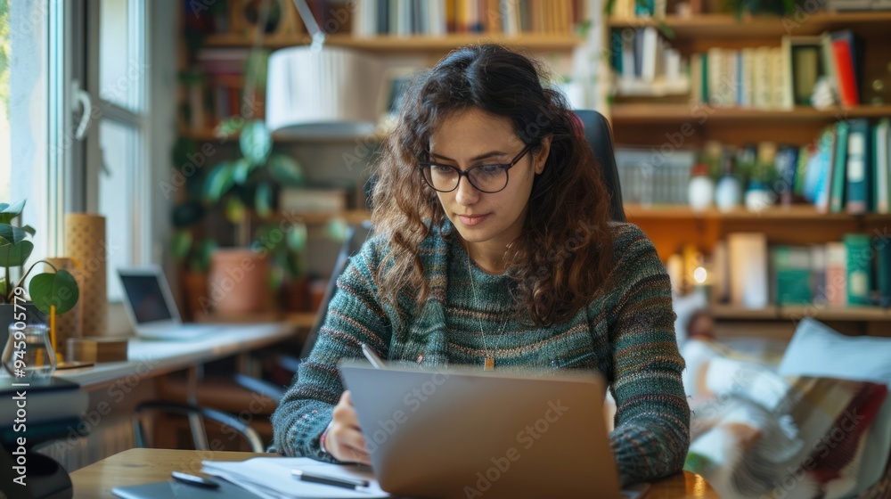 An adult with a learning disability studying at home, using specialized ...