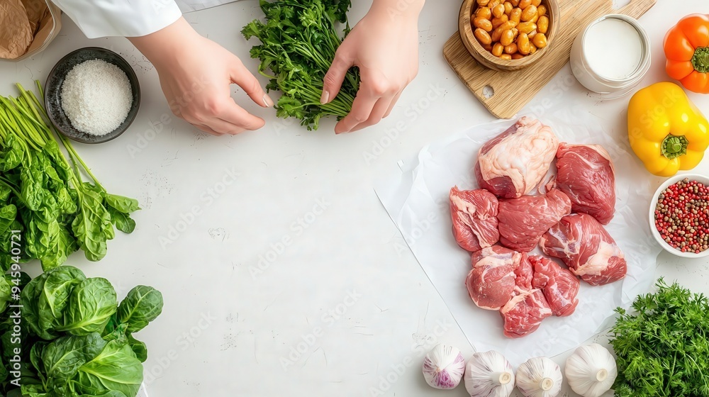 A top down view of a kitchen counter where raw meat and fresh produce ...