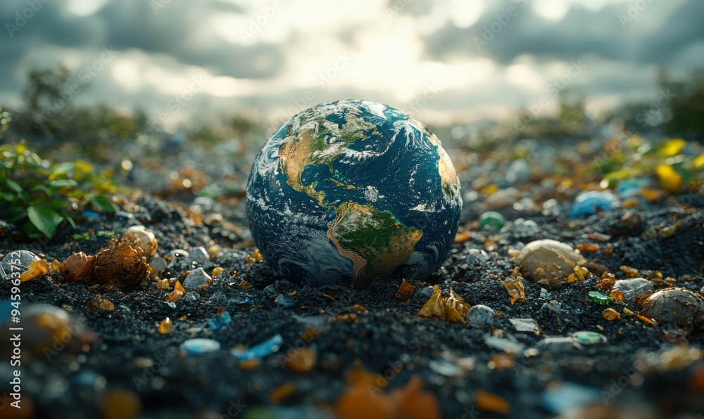 A hyperrealistic portrayal of Earth surrounded by plastic pollution in ...