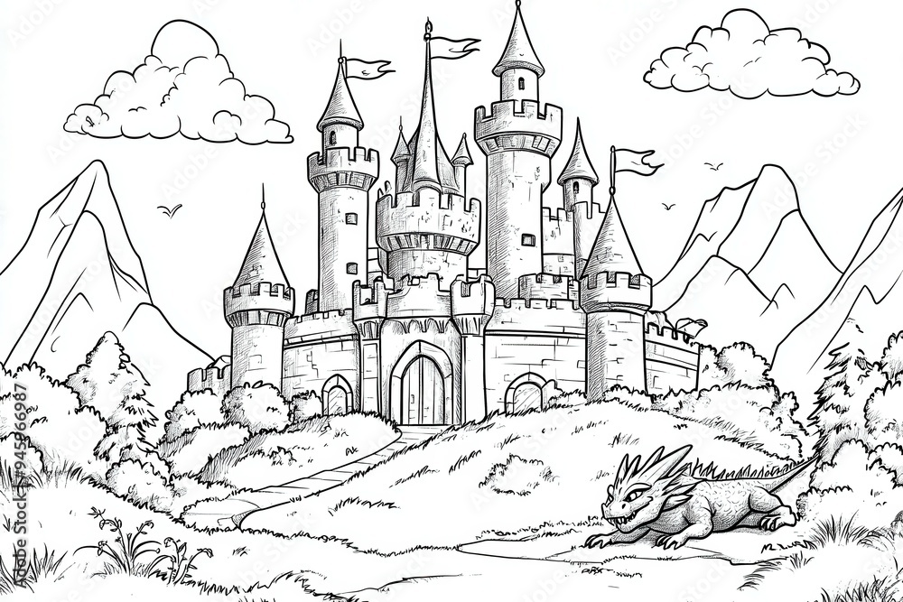 A majestic fairy tale castle on a hill with colorful flags, featuring a ...