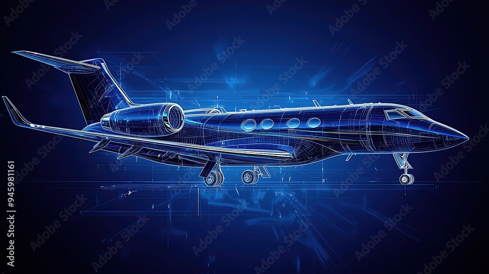 Stylish digital illustration of a luxury jet in sleek blue tones ...