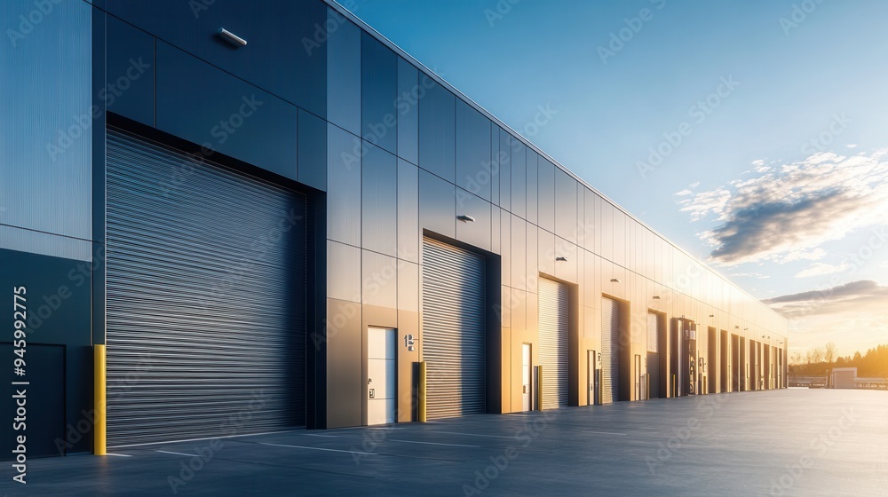 Modern Warehouse Exterior with Gray Steel Walls and Large Garage Doors ...
