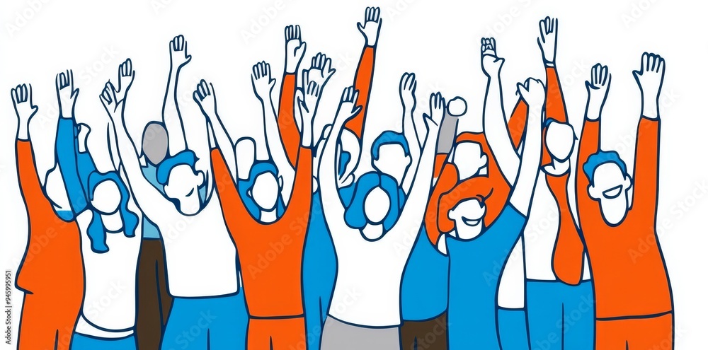 Stock illustration of people cheering and waving their hands, modern ...