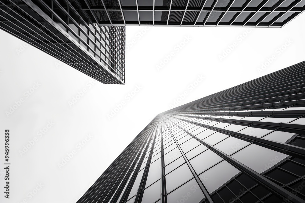 Photo Stock Modern skyscraper facade in black-and-white tones with a ...