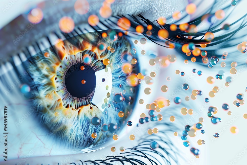 Close-up of a Human Eye with Colorful Spheres Representing Nutrient ...