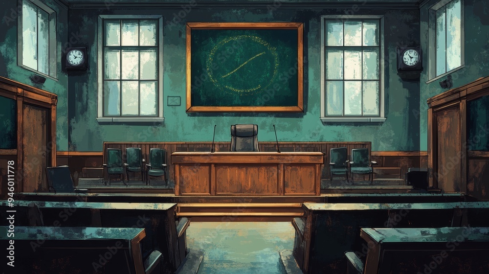 Old Courtroom Interior with Wooden Bench Seats and Green Walls Stock ...