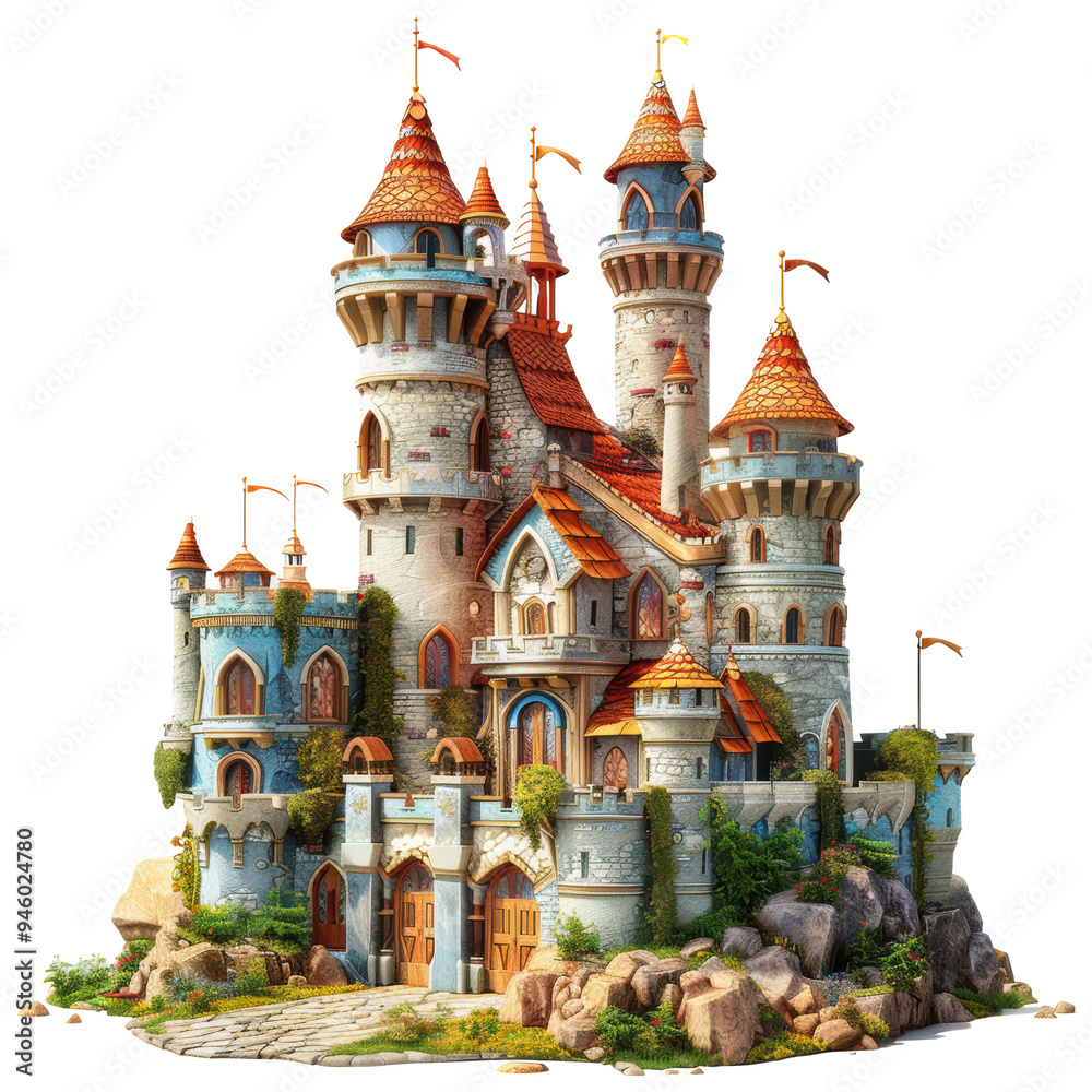 3D Cartoon Medieval Castle Towers Fairytale Mansion Isolated on ...