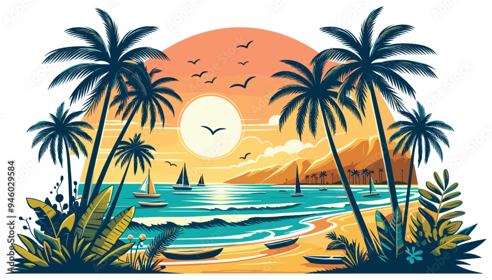Tropical beach sunset vector illustration in vibrant colors, perfect ...