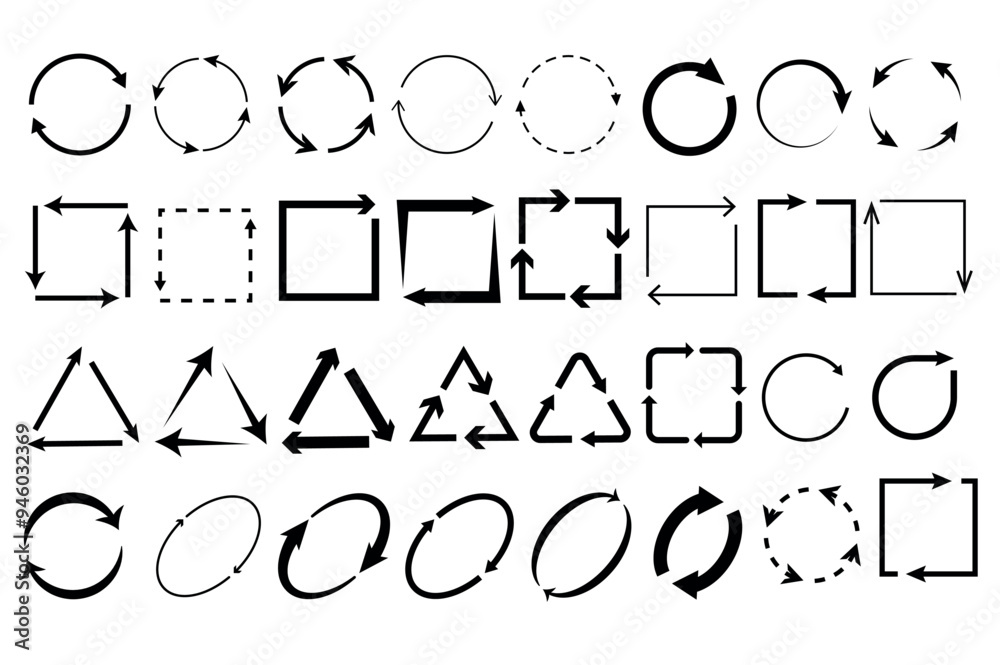 Set of cyclic rotation arrows in flat cartoon design. This collection ...