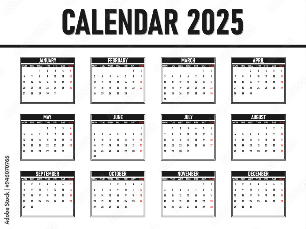 Image vectorielle Stock 2025 Calendar template, Calendar 2025 design ...