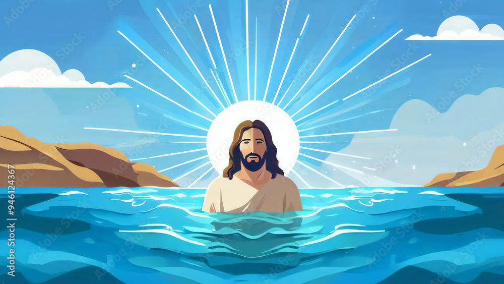 Baptism of Jesus Christ in the Jordan River depicted in a flat cartoon style with religious ...