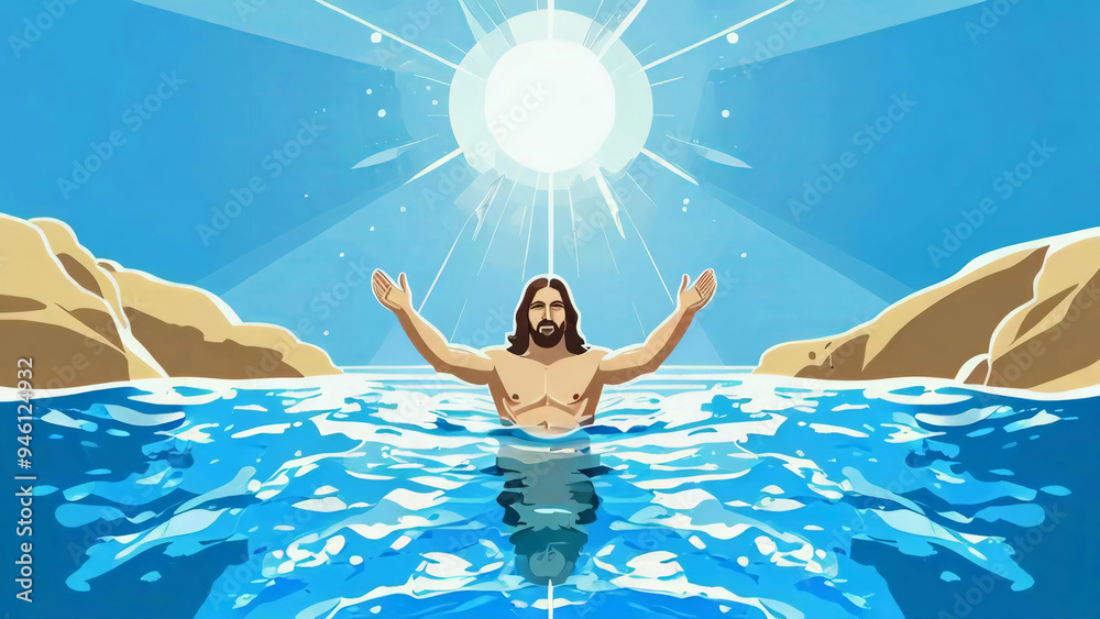 Baptism of Jesus Christ in the Jordan River depicted in a flat cartoon style with religious ...