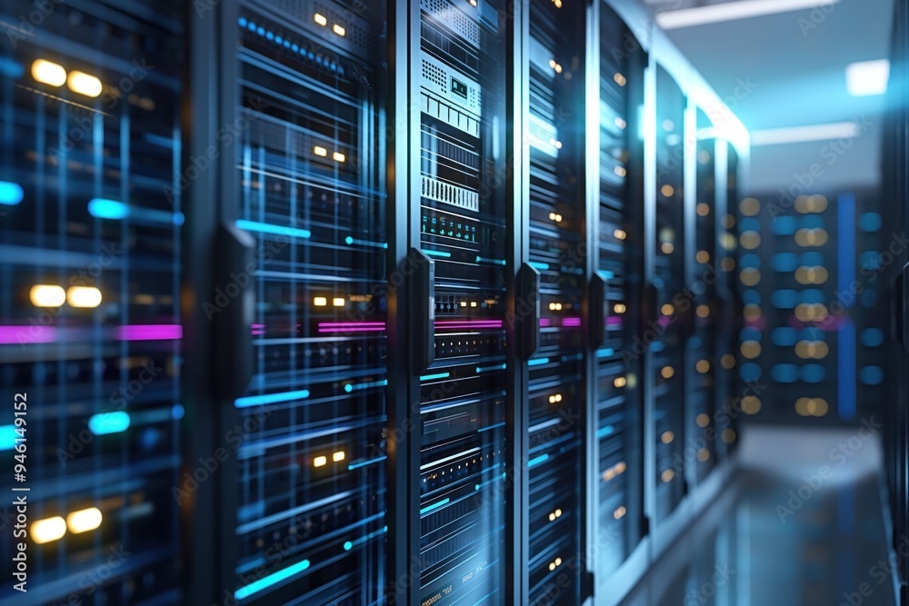 Server racks in a futuristic data center interior. Rows of computer ...
