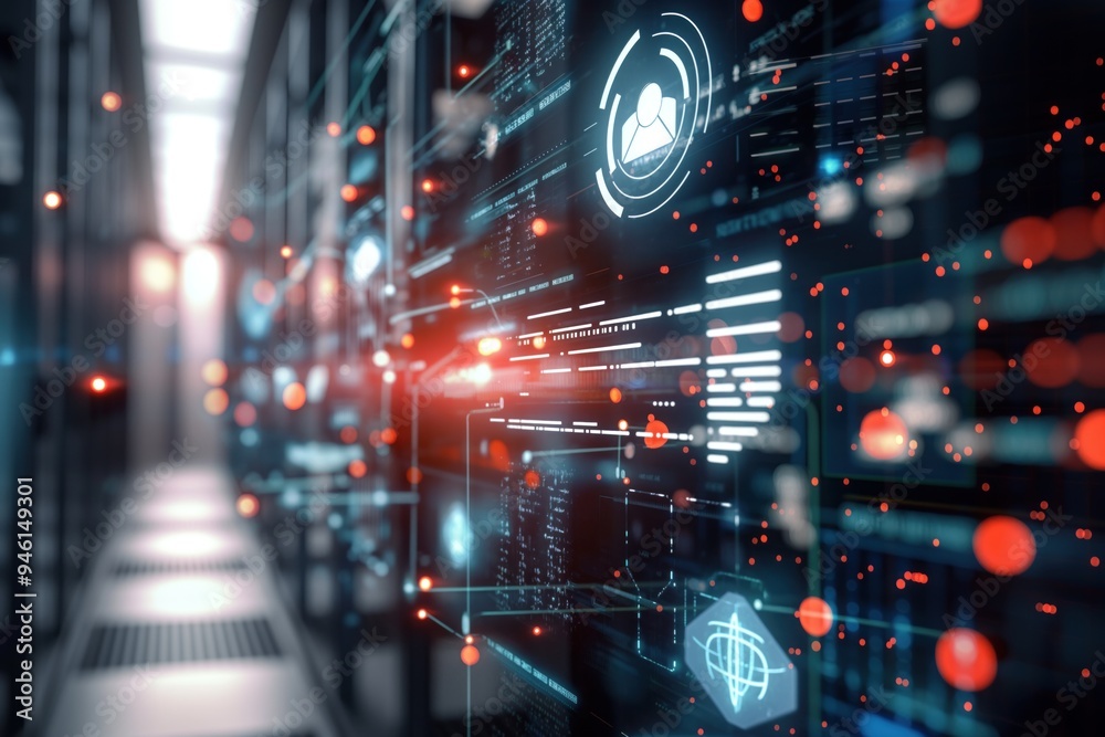 Abstract dynamic data center illustration with digital hud overlays ...