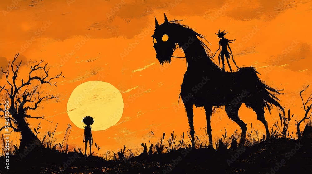 Headless horseman looming over characters, depicted with the simple ...
