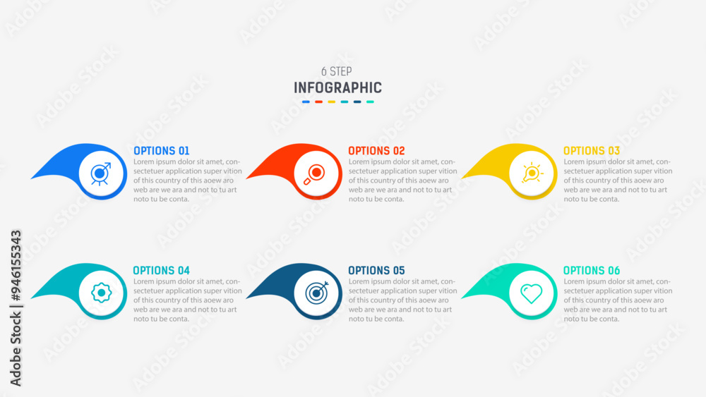 Business infographics design for Six Step, option, parts or process. Infographic 6 element ...