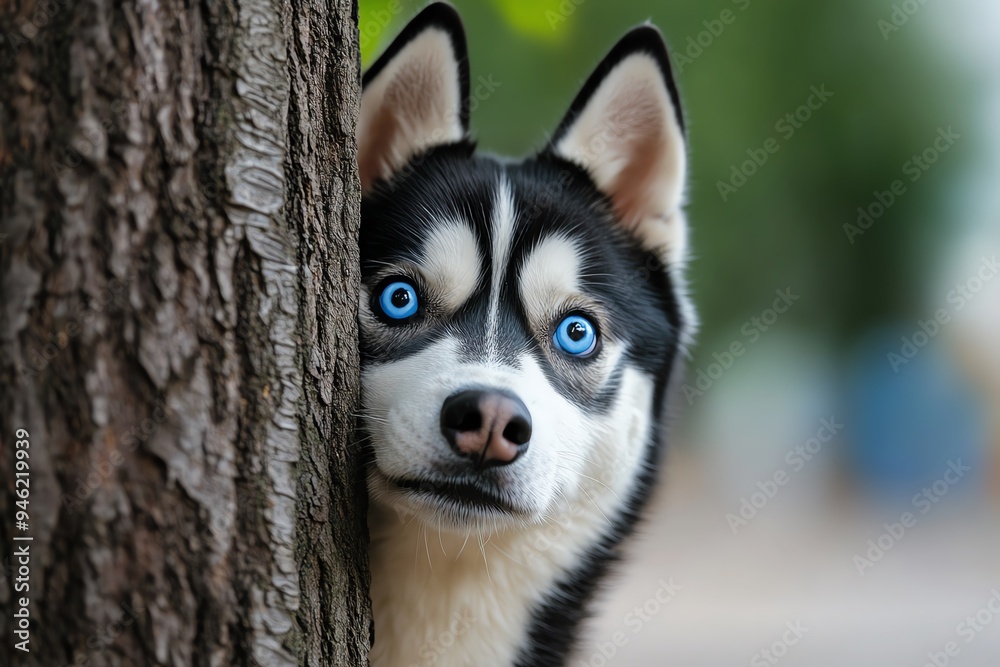 Funny Siberian Husky peeking from behind a tree, captured in a photo ...