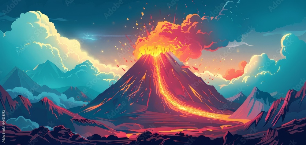 Volcano flat design, top view, geological theme, animation ...