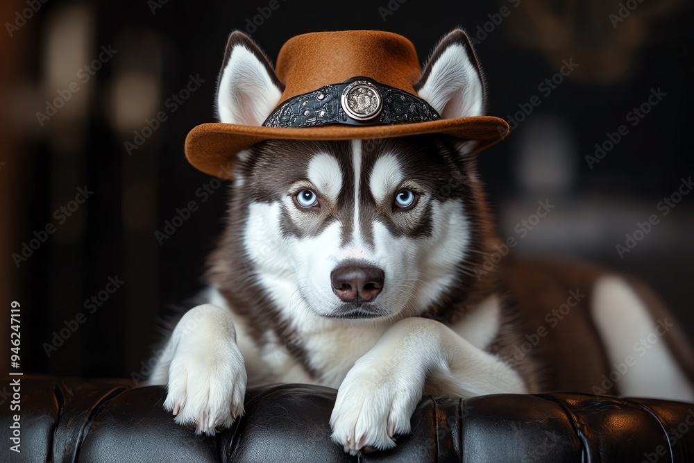 Funny Siberian Husky wearing a hat, depicted in an artwork where the ...