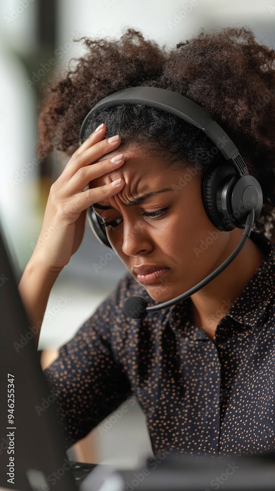 Frustrated customer service representative with curly hair wearing ...