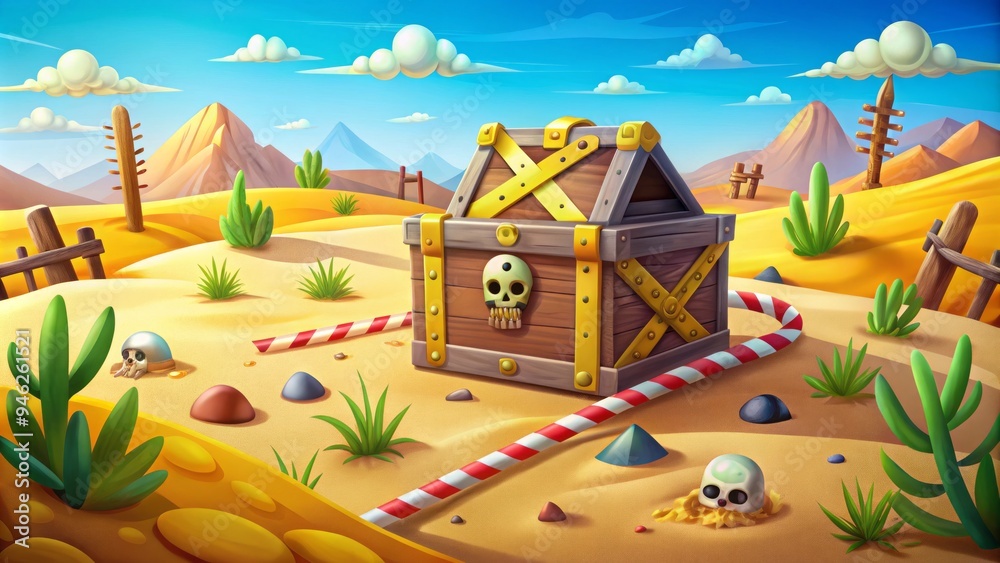 A colorful cartoon illustration of a landmine disguised as a treasure ...