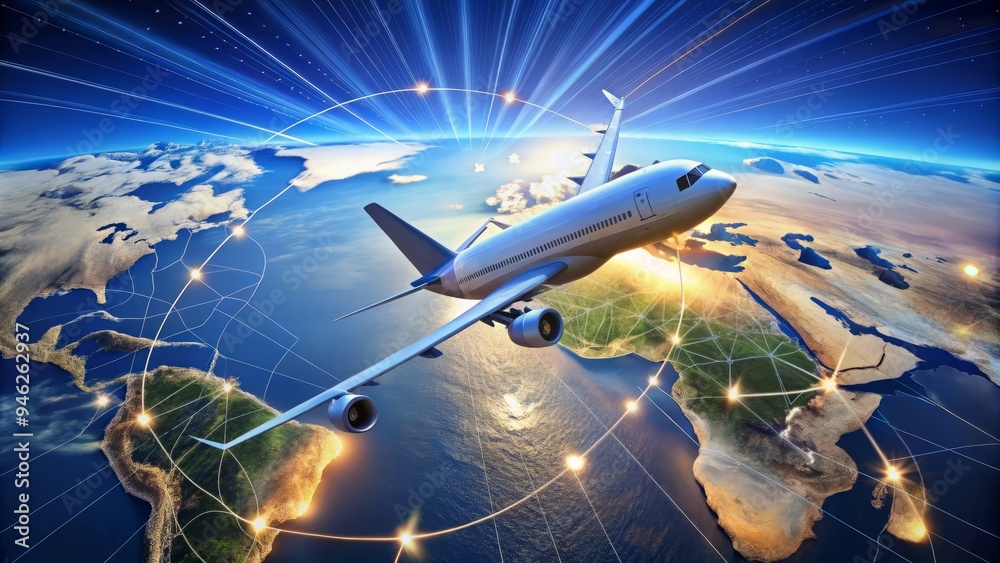 A commercial airliner soaring through the sky, with a detailed map of ...