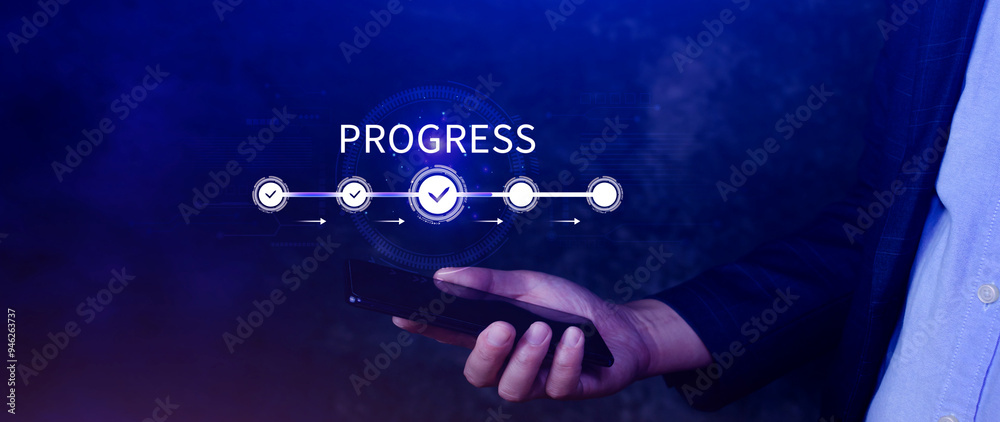 Progress concept, touching to tick correct mark in checklist with ...
